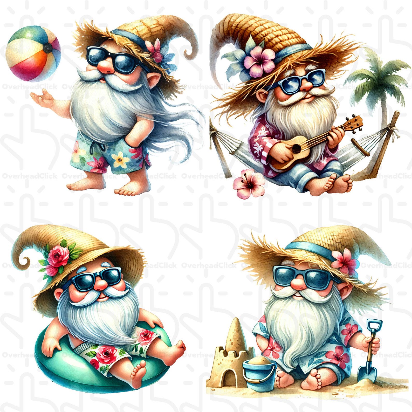 Summer Gnomes Clipart, Cute Watercolor Summer Gnomes Clipart, 12 PNG ...