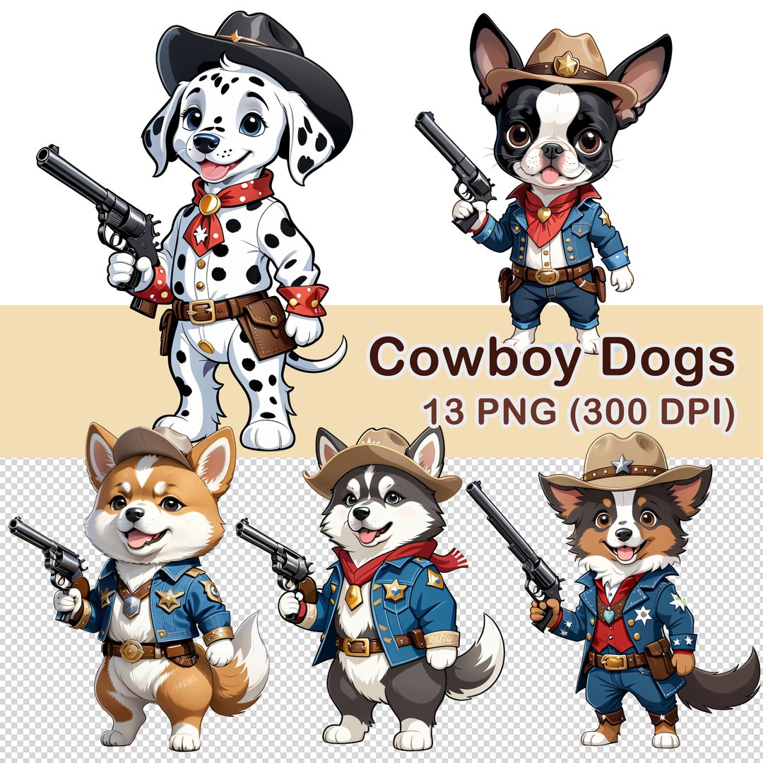 Cowboy Dogs Clipart, 13 PNG Transparent, 300 DPI, Cute Watercolor ...