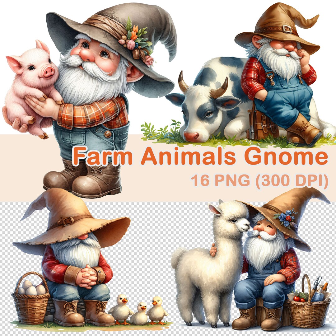 Farm Animals Gnome Clipart, 16 PNG Transparent, 300 DPI, Cute ...