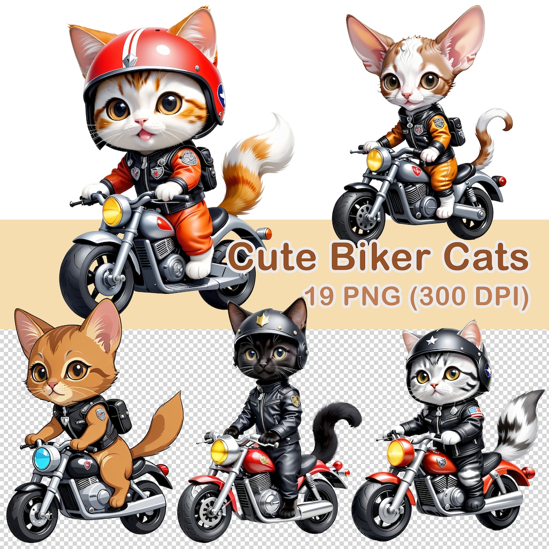 Cute Biker Cats Clipart, 19 PNG Transparent, 300 DPI, Cute Watercolor ...