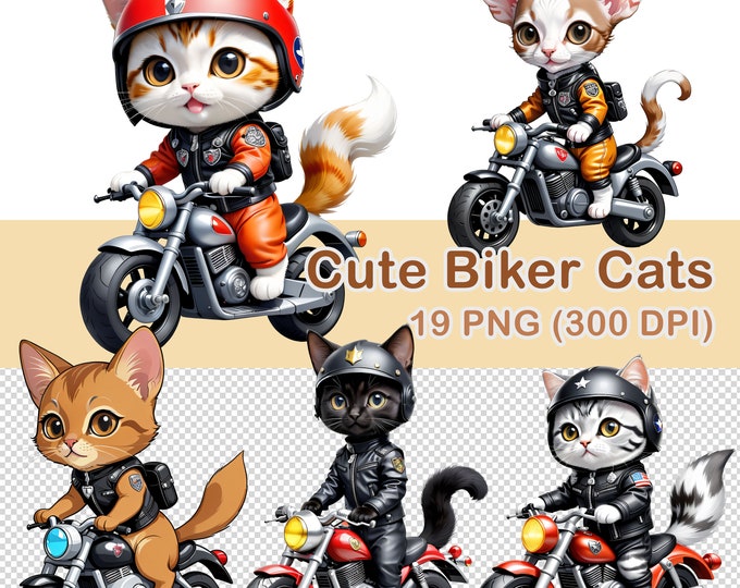 Biker Cats Clipart Bundle: 11 Adorable Kittens Riding Motorcycles, PNG ...