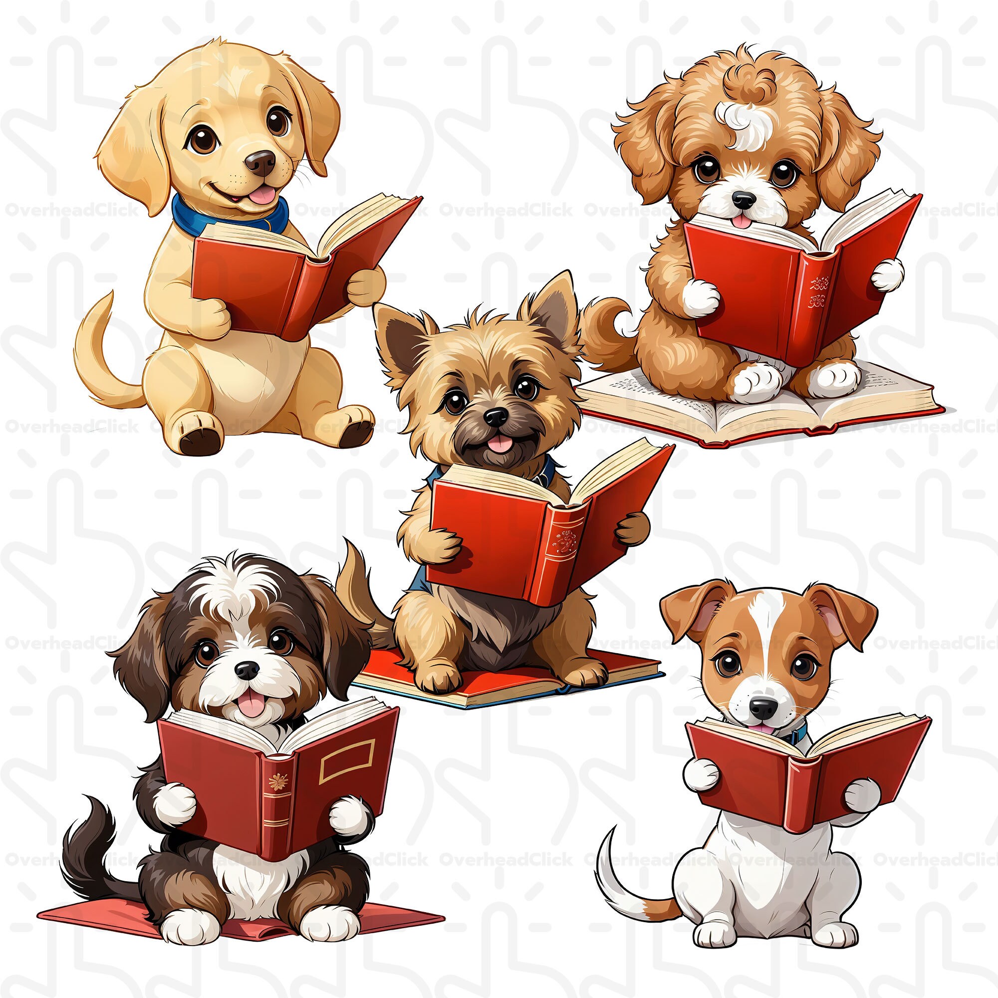 Dog Reading Clipart, 11 PNG Transparent, 300 DPI, Cute Watercolor Dog ...