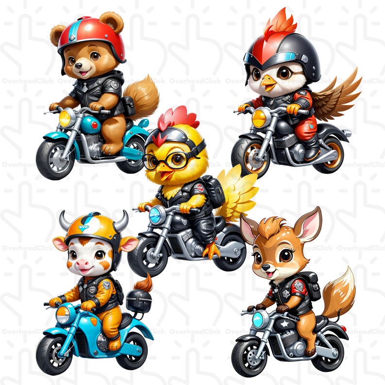 Biker Animals Clipart, 16 PNG Transparent, 300 DPI, Cute Watercolor ...