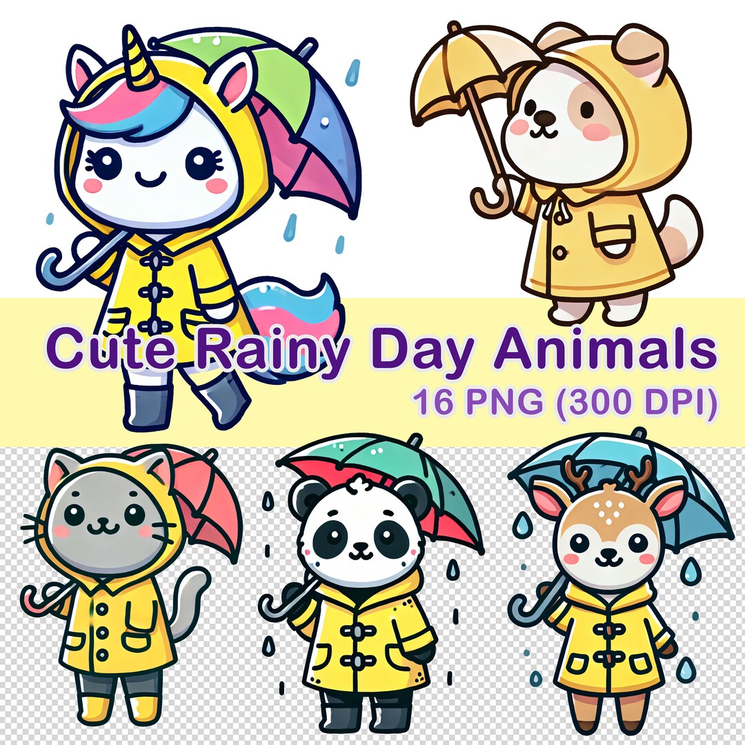 Cute Rainy Day Animals Clipart, 16 PNG Transparent, 300 DPI, Cute ...