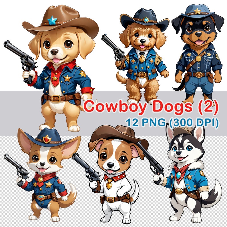 Cowboy Dogs Clipart, 12 PNG Transparent, 300 DPI, Cute Watercolor ...
