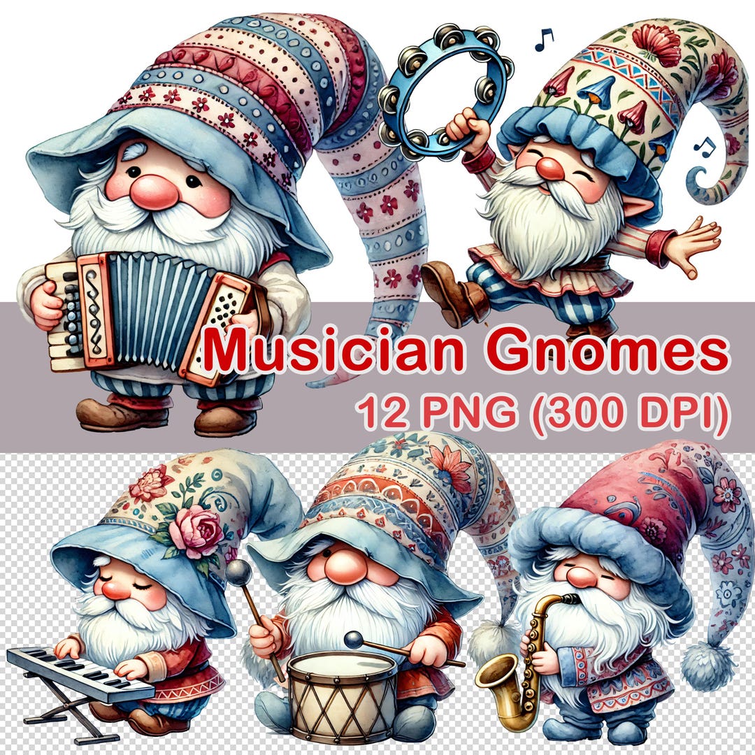Musician Gnomes Clipart, Watercolor Musician Gnomes Clipart, 12 PNG ...