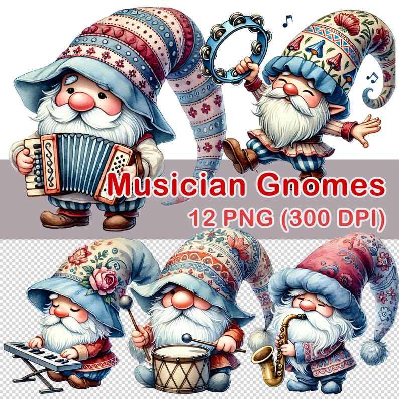 Musician Gnomes Clipart, Watercolor Musician Gnomes Clipart, 12 PNG ...