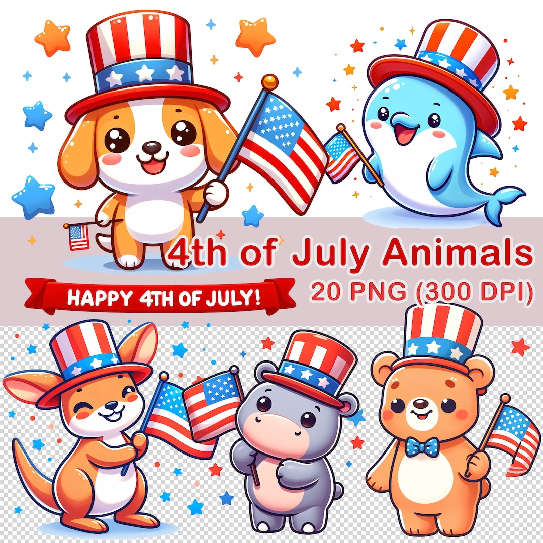4th of July Animals Clipart, 20 PNG Transparent, 300 DPI, Cute ...