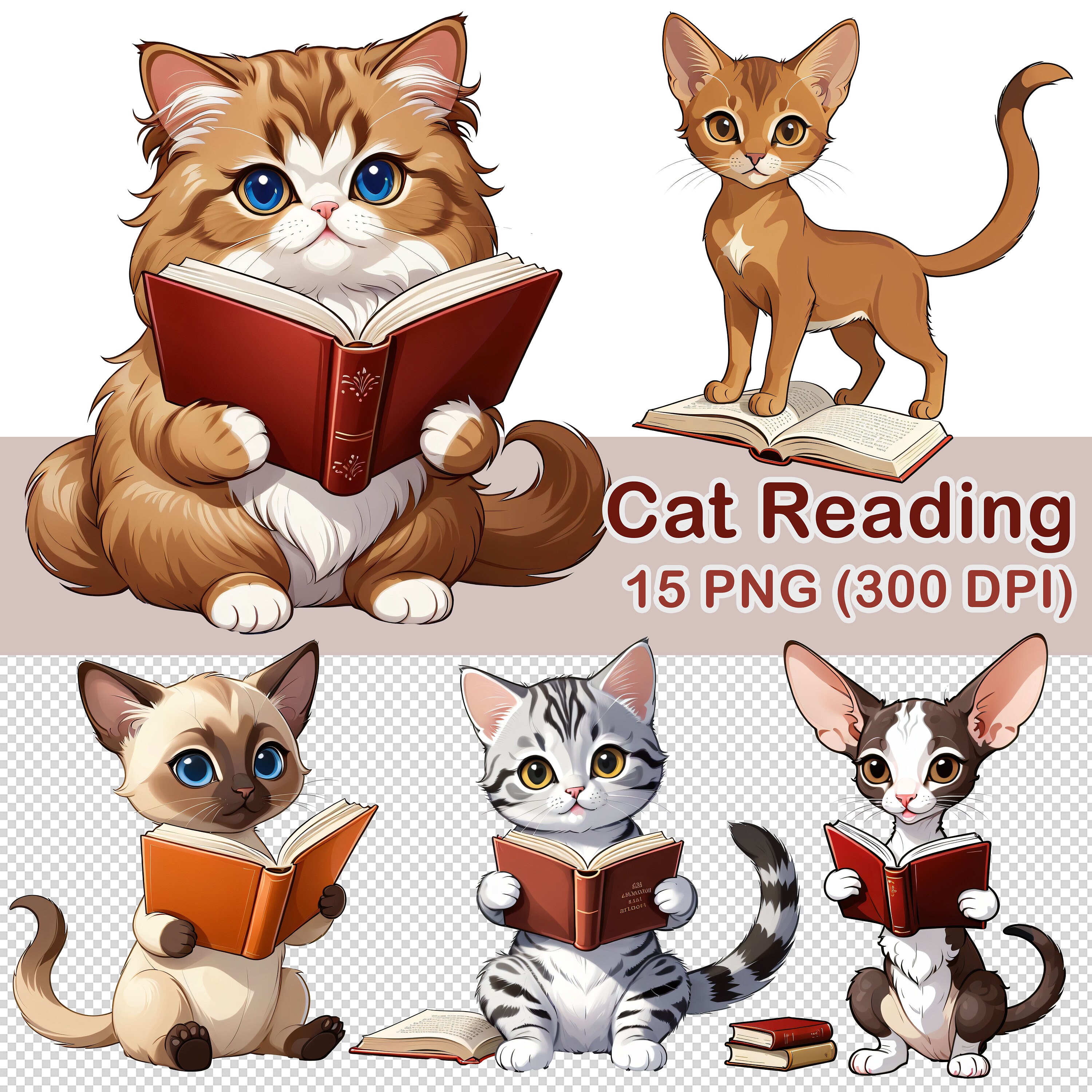 Cute Cat Reading Clipart, 15 PNG Transparent, 300 DPI, Cute Watercolor ...