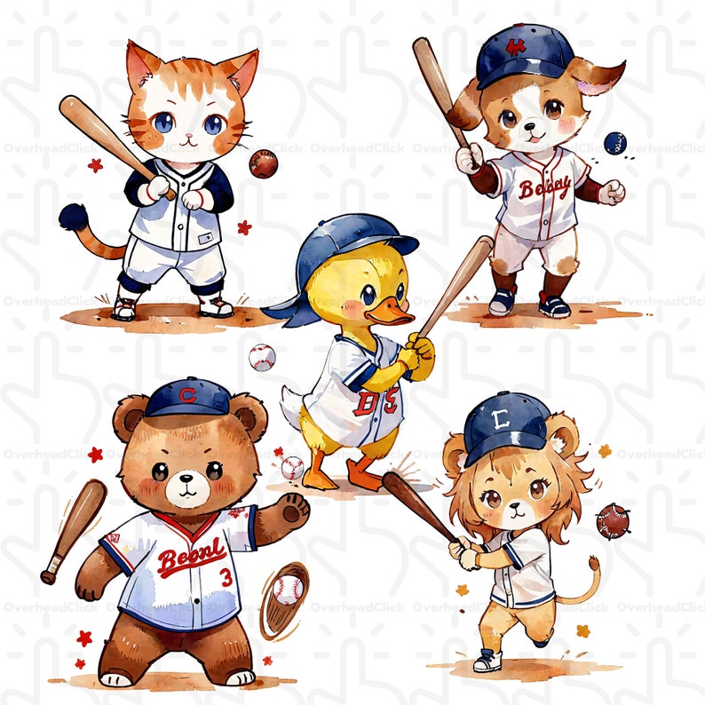 Baseball Animals Clipart, 16 PNG Transparent, 300 DPI, Cute Watercolor ...
