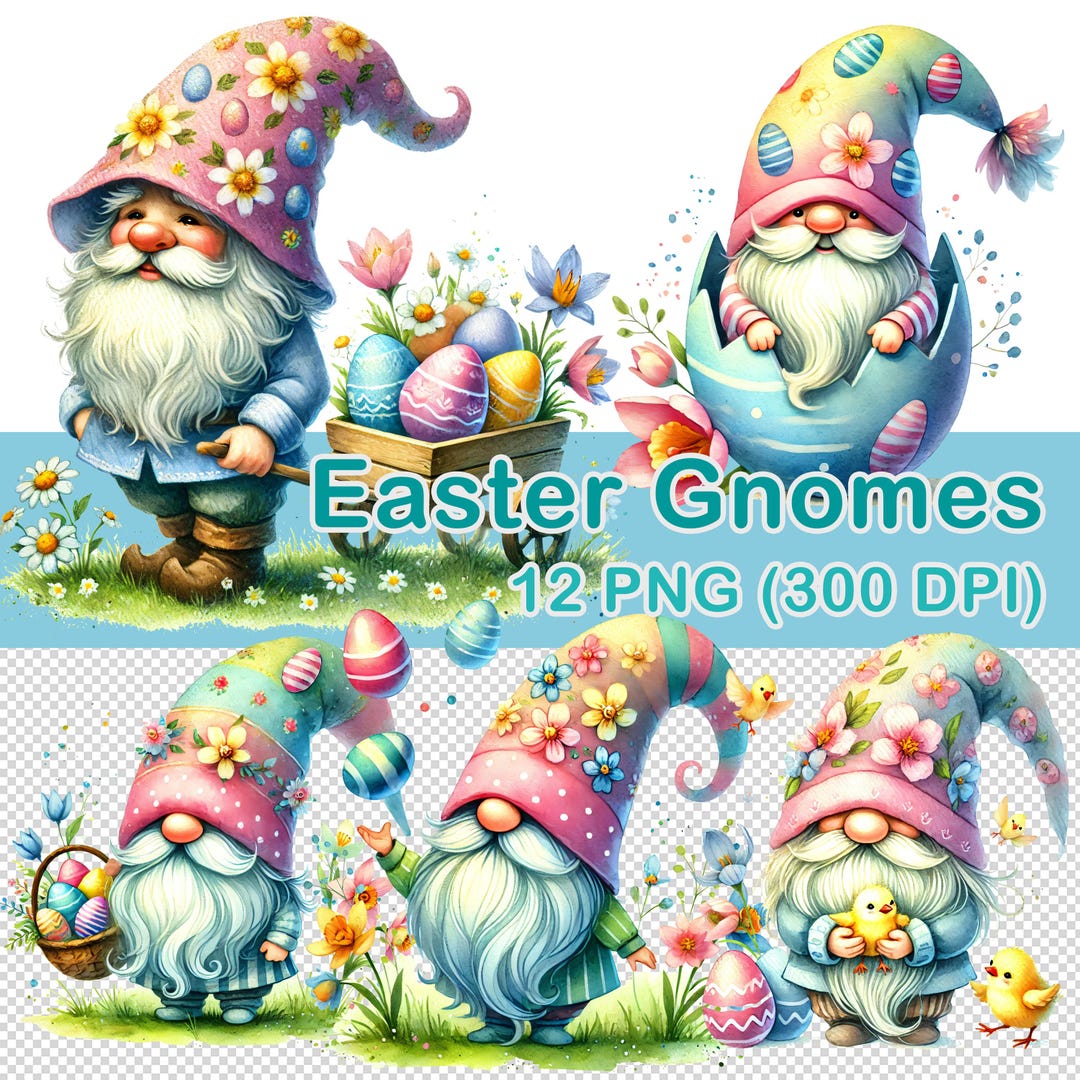 Easter Gnomes Clipart, 12 PNG, 300 DPI, Cute Watercolor Easter Gnomes ...
