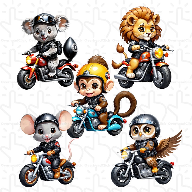 Biker Animals Clipart, 16 PNG Transparent, 300 DPI, Cute Watercolor ...