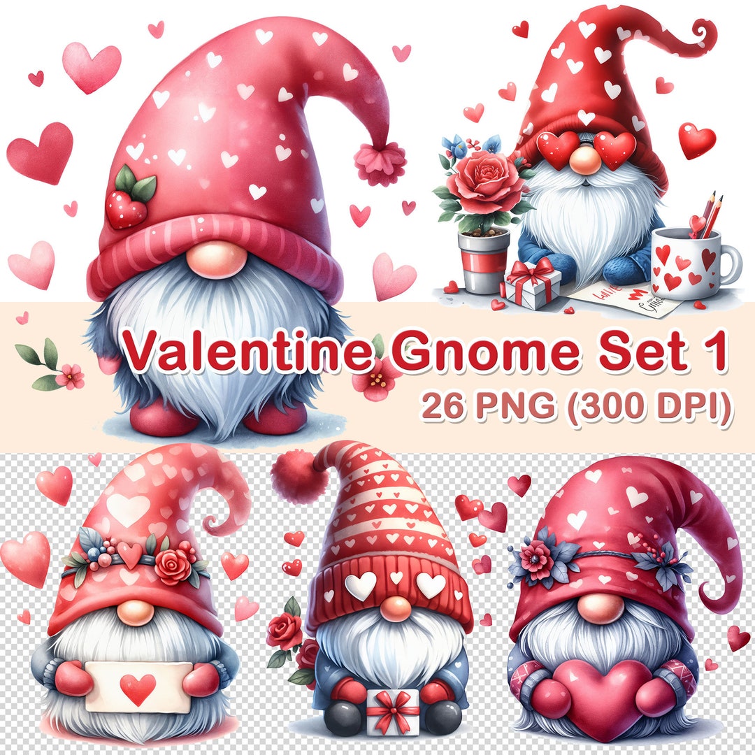 Cute Cartoon Watercolor Valentine Gnome Clipart Set 1, 26 PNG ...