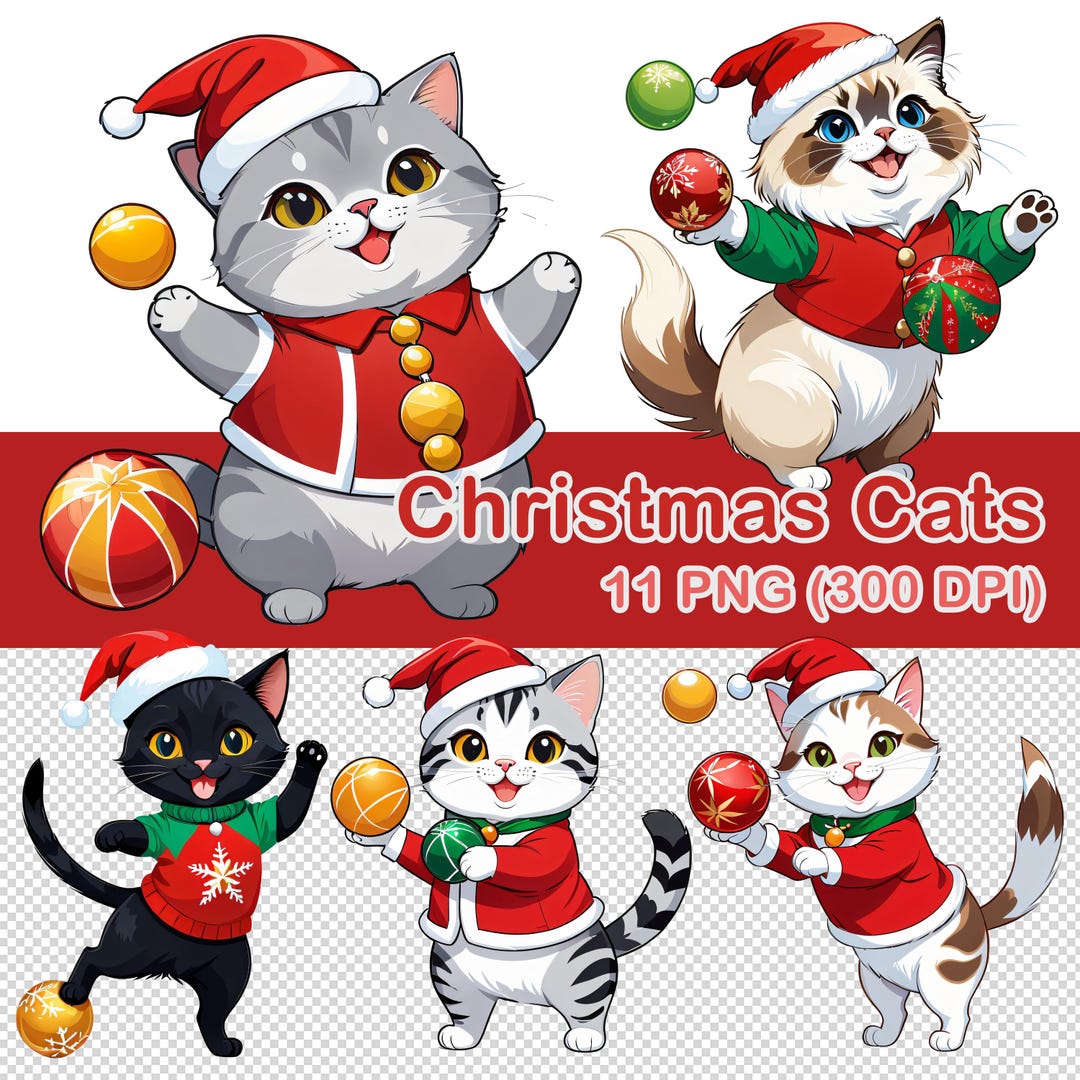 Christmas Cats Clipart, 11 PNG Transparent, 300 DPI, Cute Watercolor ...