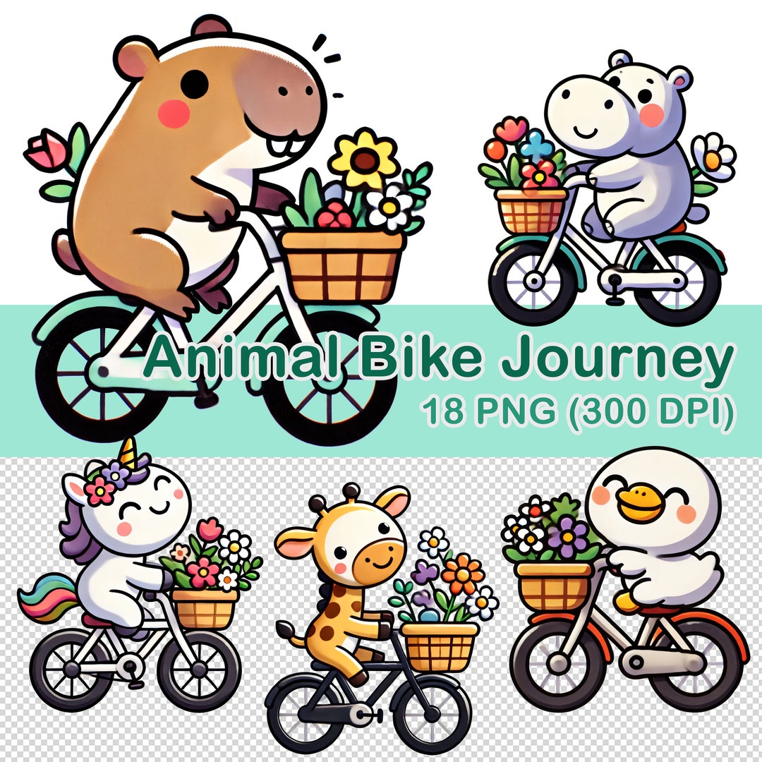 Animal Bike Journey Clipart, 18 PNG Transparent, 300 DPI, Cute Cartoon ...