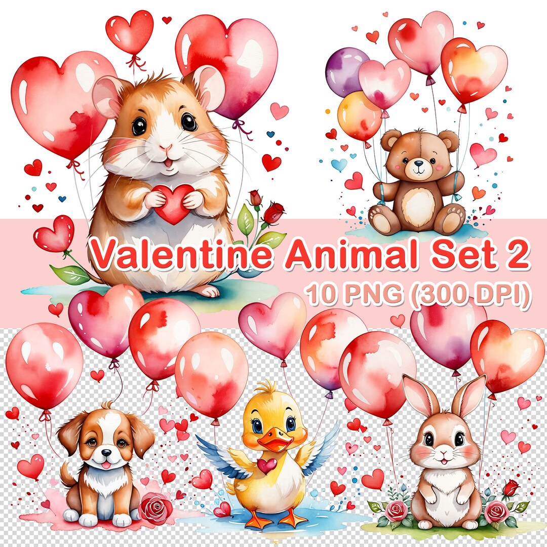 Cute Watercolor Valentine Animal Clipart Set 2, 10 PNG Transparent, 300 ...