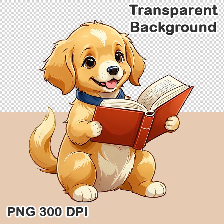 Dog Reading Clipart, 12 PNG Transparent, 300 DPI, Cute Watercolor Dog ...