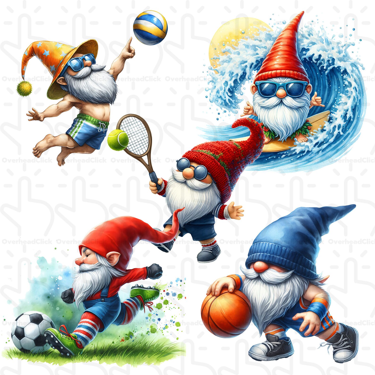 Sports Gnomes Clipart, 14 PNG Transparent, 300 DPI, Cute Watercolor ...