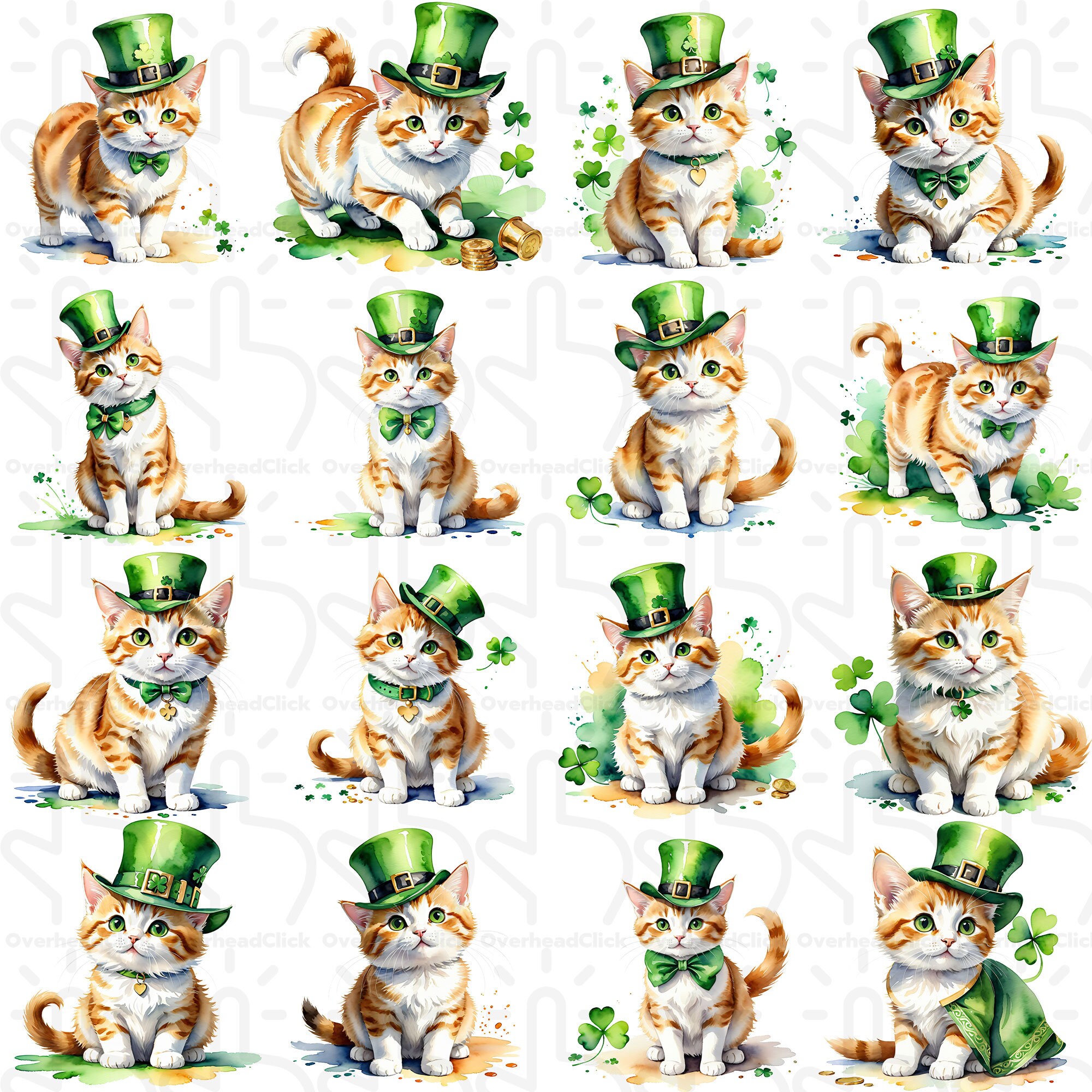 St. Patrick Cat, Cute Watercolor Clipart, PNG Transparent, 300 DPI - Etsy