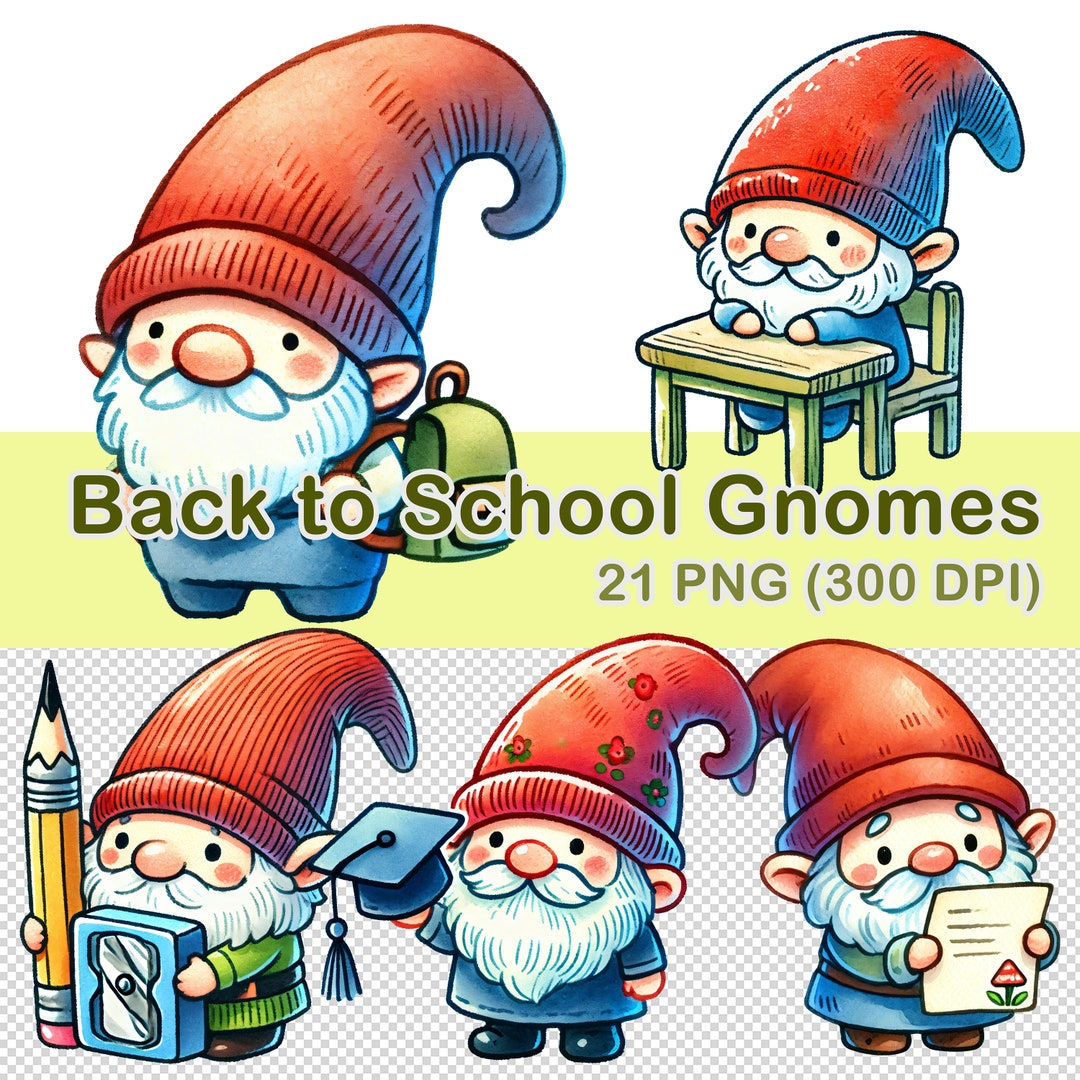 Back to School Gnomes Clipart, 21 PNG Transparent, 300 DPI, Cute ...