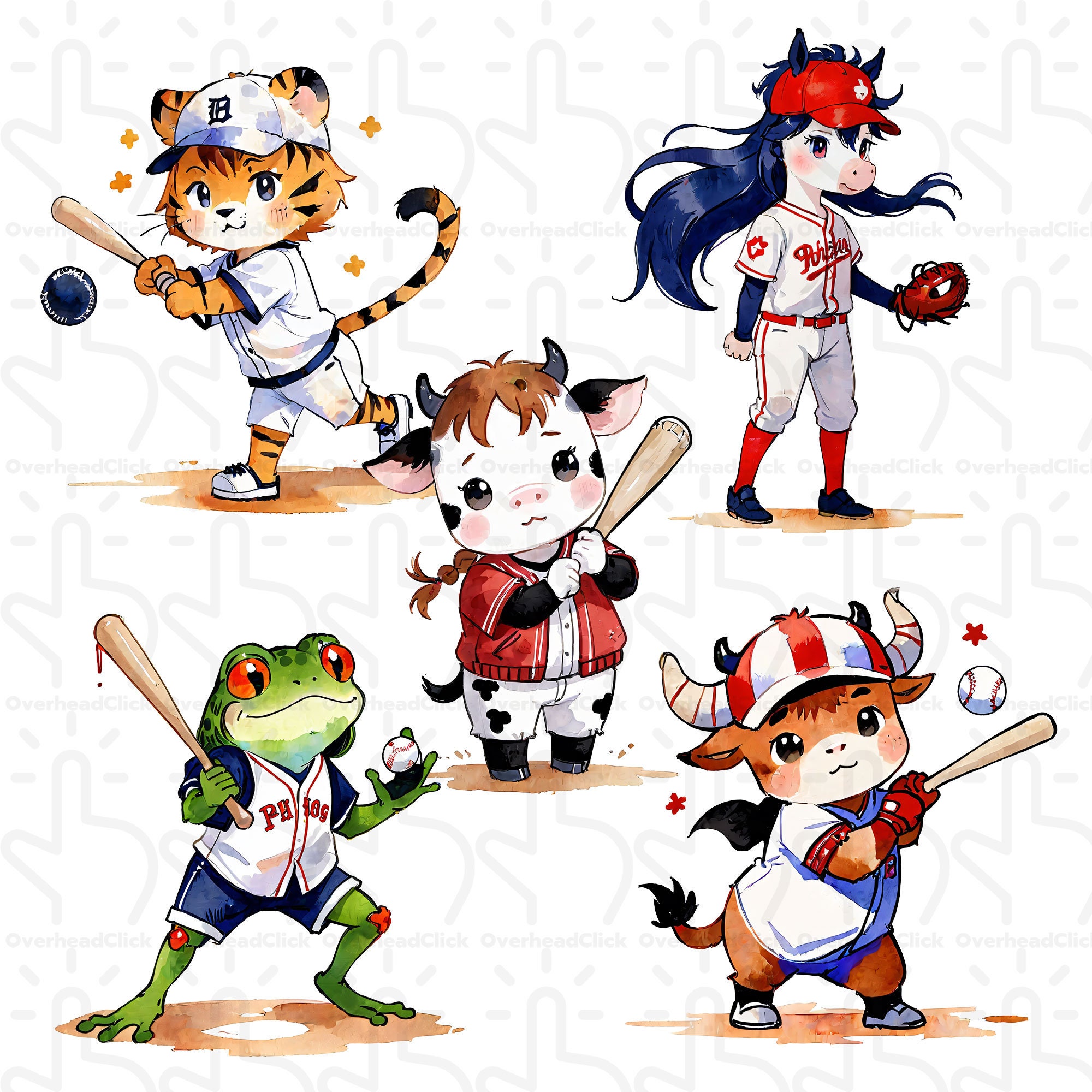 Baseball Animals Clipart, 16 PNG Transparent, 300 DPI, Cute Watercolor ...
