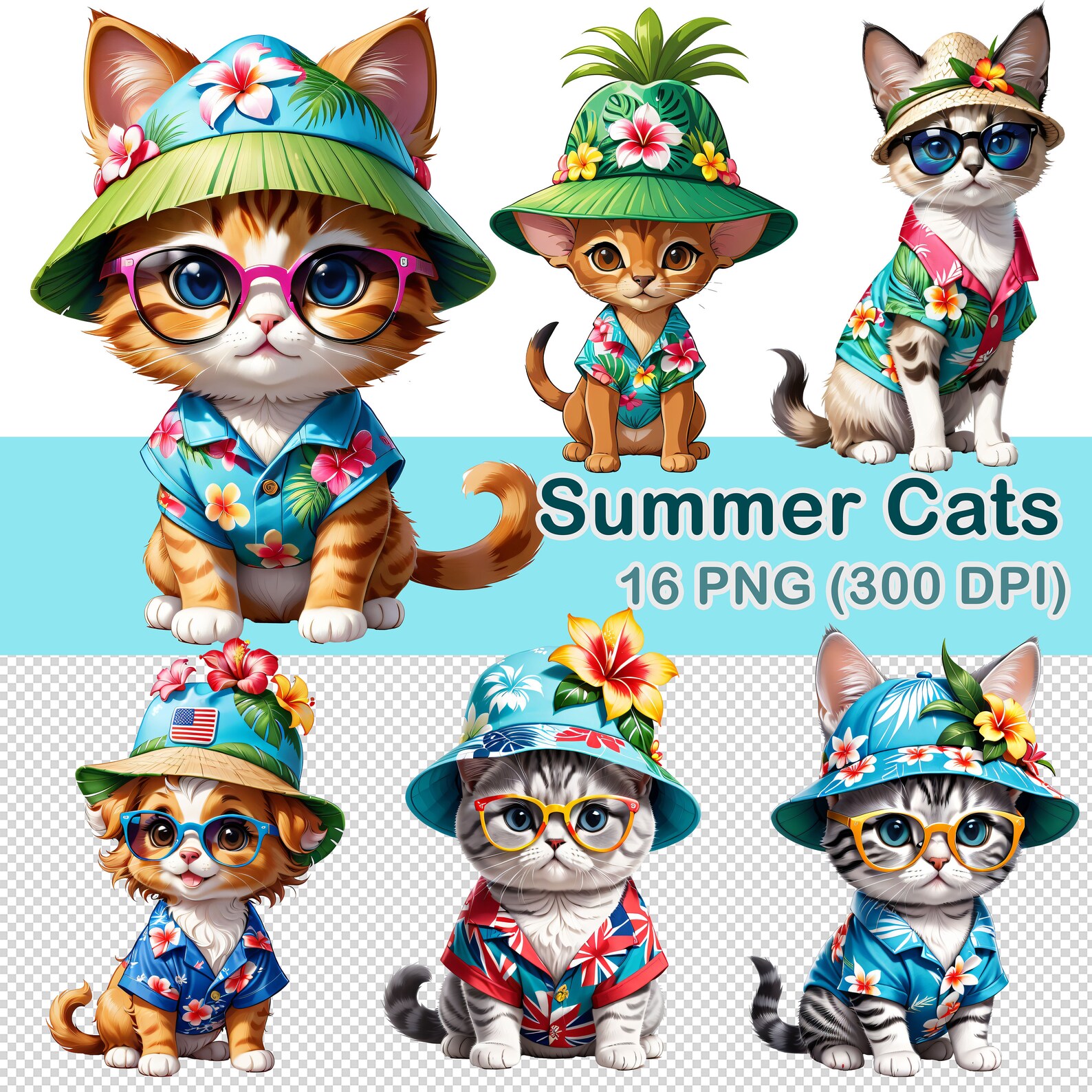 Watercolor Summer Cats Clipart: 16 PNG Images (digital Download) - Etsy