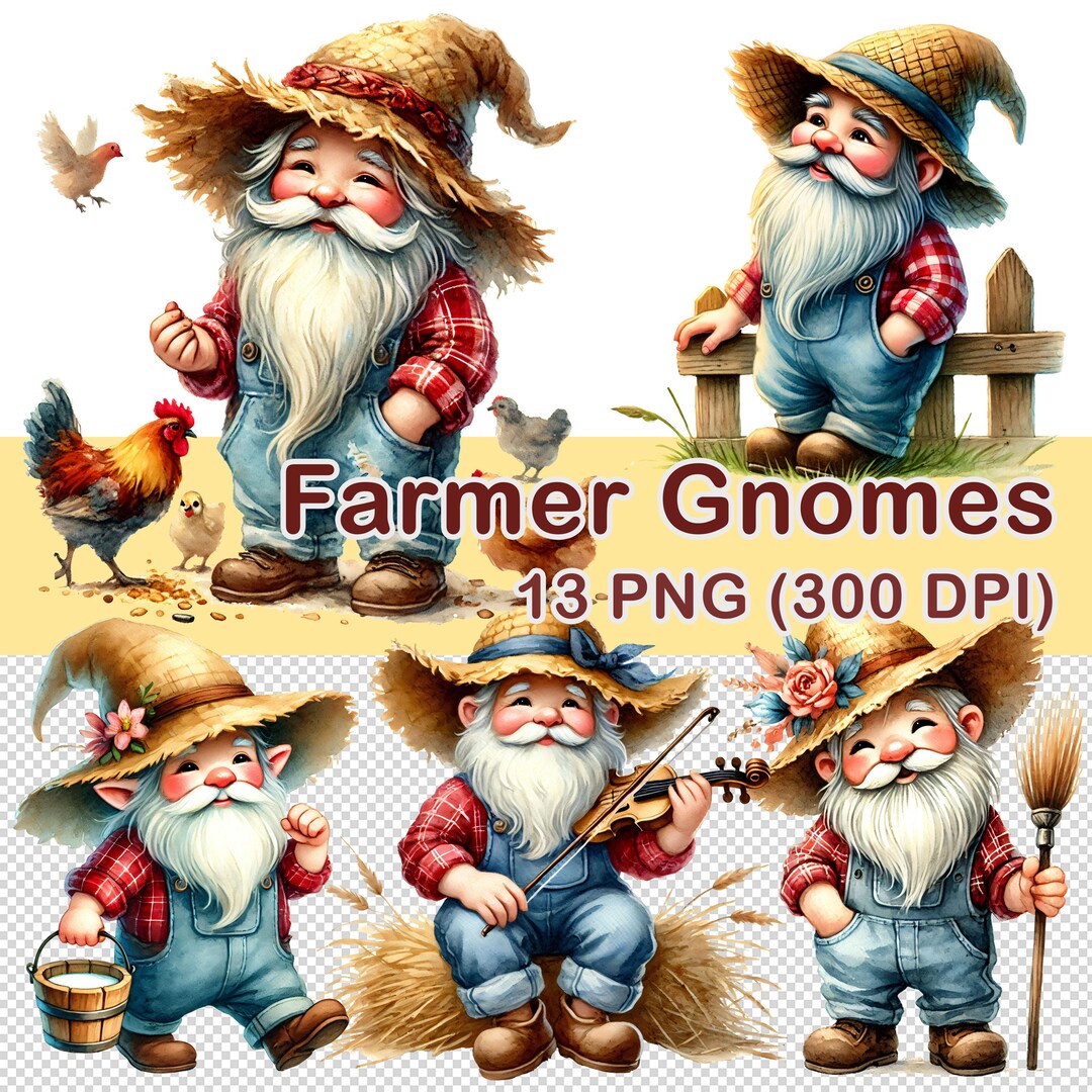 Farmer Gnomes Clipart, Cute Watercolor Farmer Gnomes Clipart, 12 PNG ...