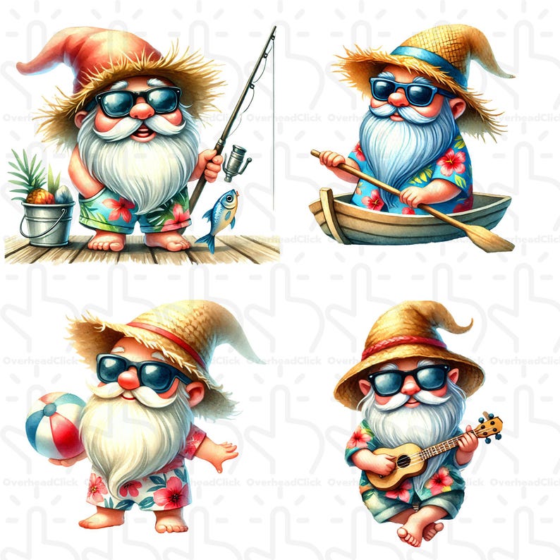 Summer Gnomes Clipart, Cute Watercolor Summer Gnomes Clipart, 12 PNG ...