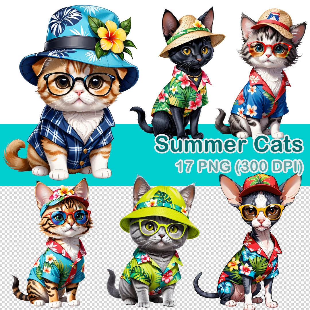 Summer Cats Clipart, 17 PNG Transparent, 300 DPI, Cute Watercolor ...