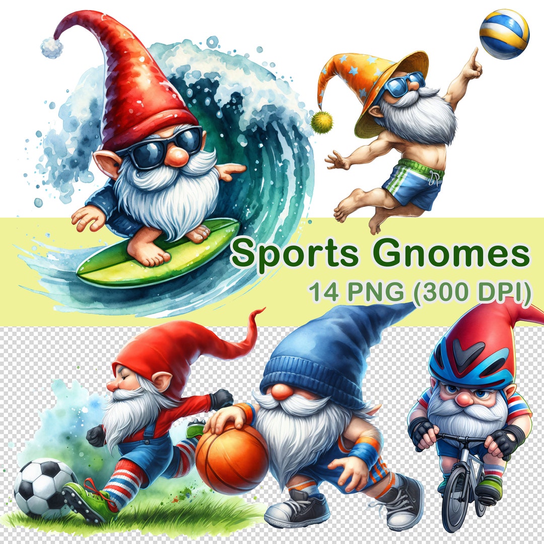 Sports Gnomes Clipart, 14 PNG Transparent, 300 DPI, Cute Watercolor ...