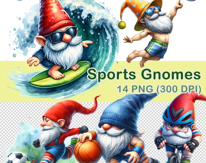 Sports Gnomes Clipart, 14 PNG Transparent, 300 DPI, Cute Watercolor ...