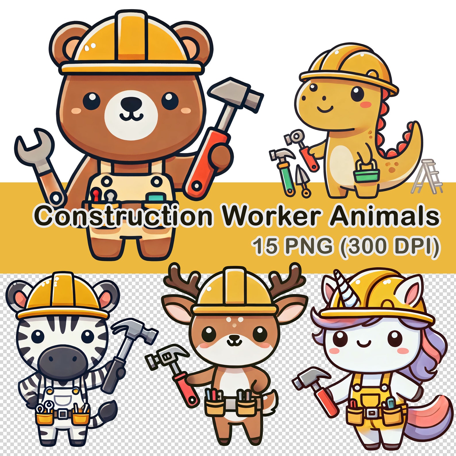 Construction Worker Animals Clipart, 15 PNG Transparent, 300 DPI ...