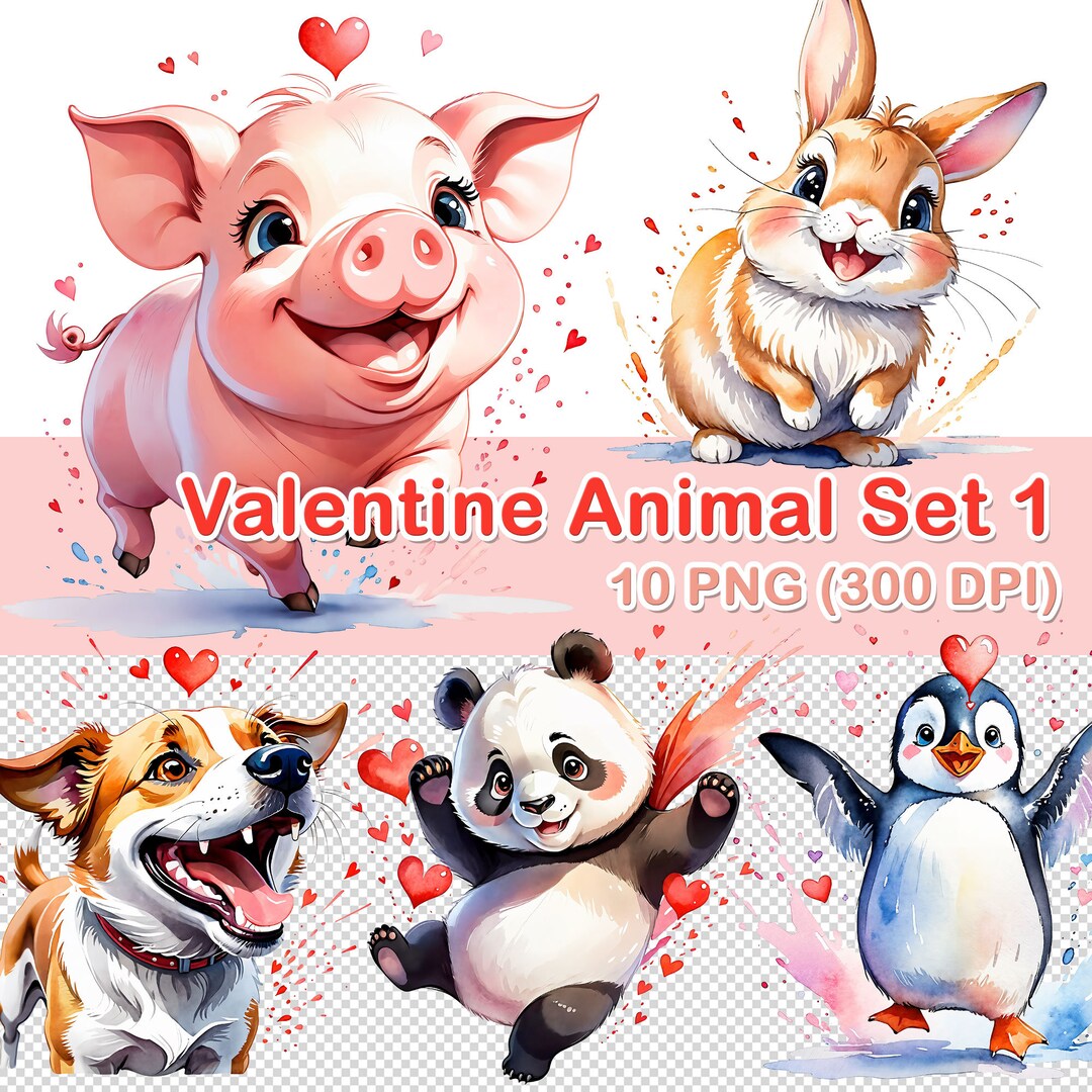 Watercolor Valentine Animal Clipart, PNG Set (digital Download - Etsy