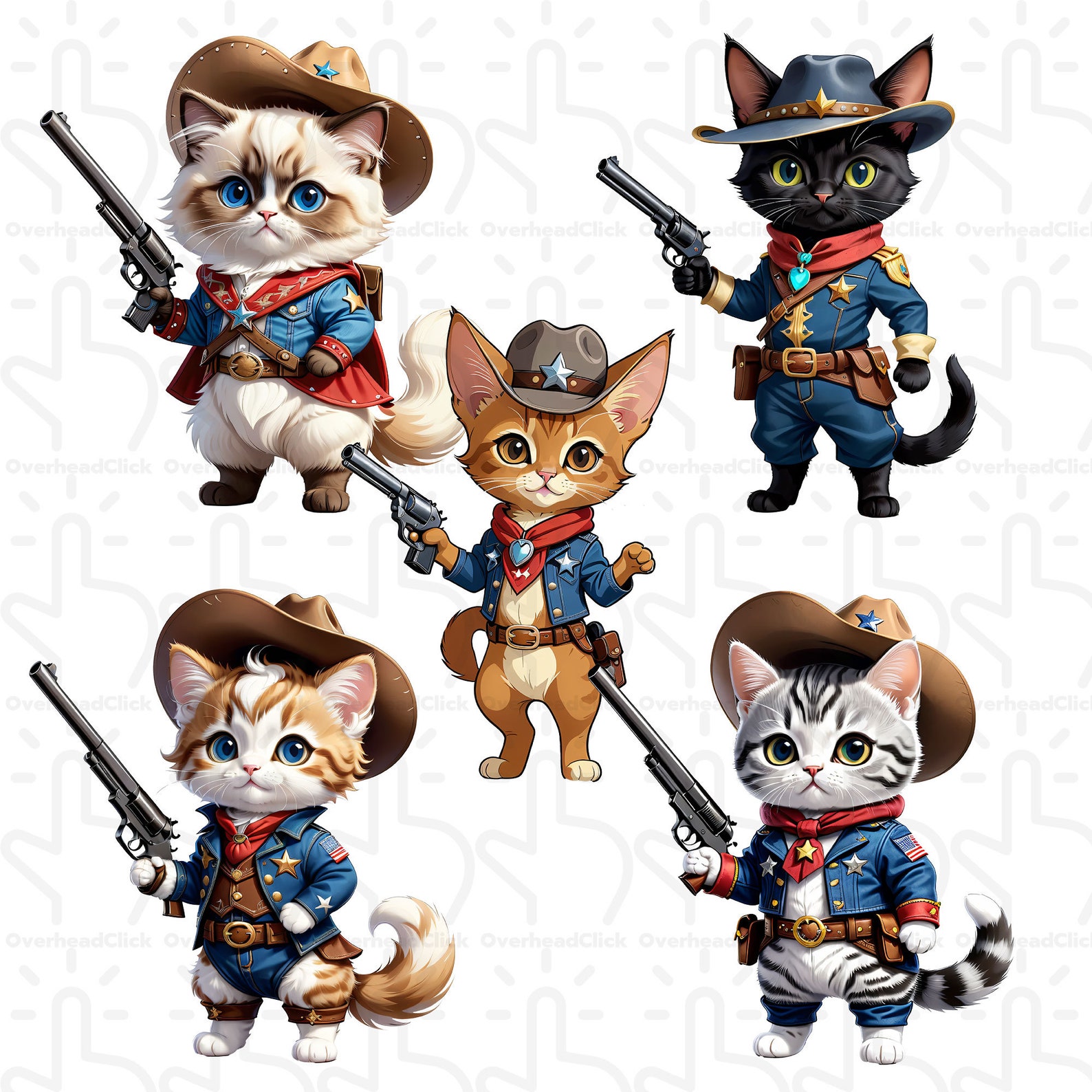 Cowboy Cats Clipart, 16 PNG Transparent, 300 DPI, Cute Watercolor ...