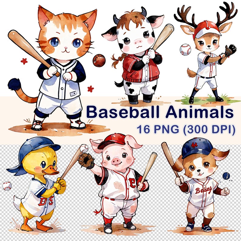 Baseball Animals Clipart, 16 PNG Transparent, 300 DPI, Cute Watercolor ...