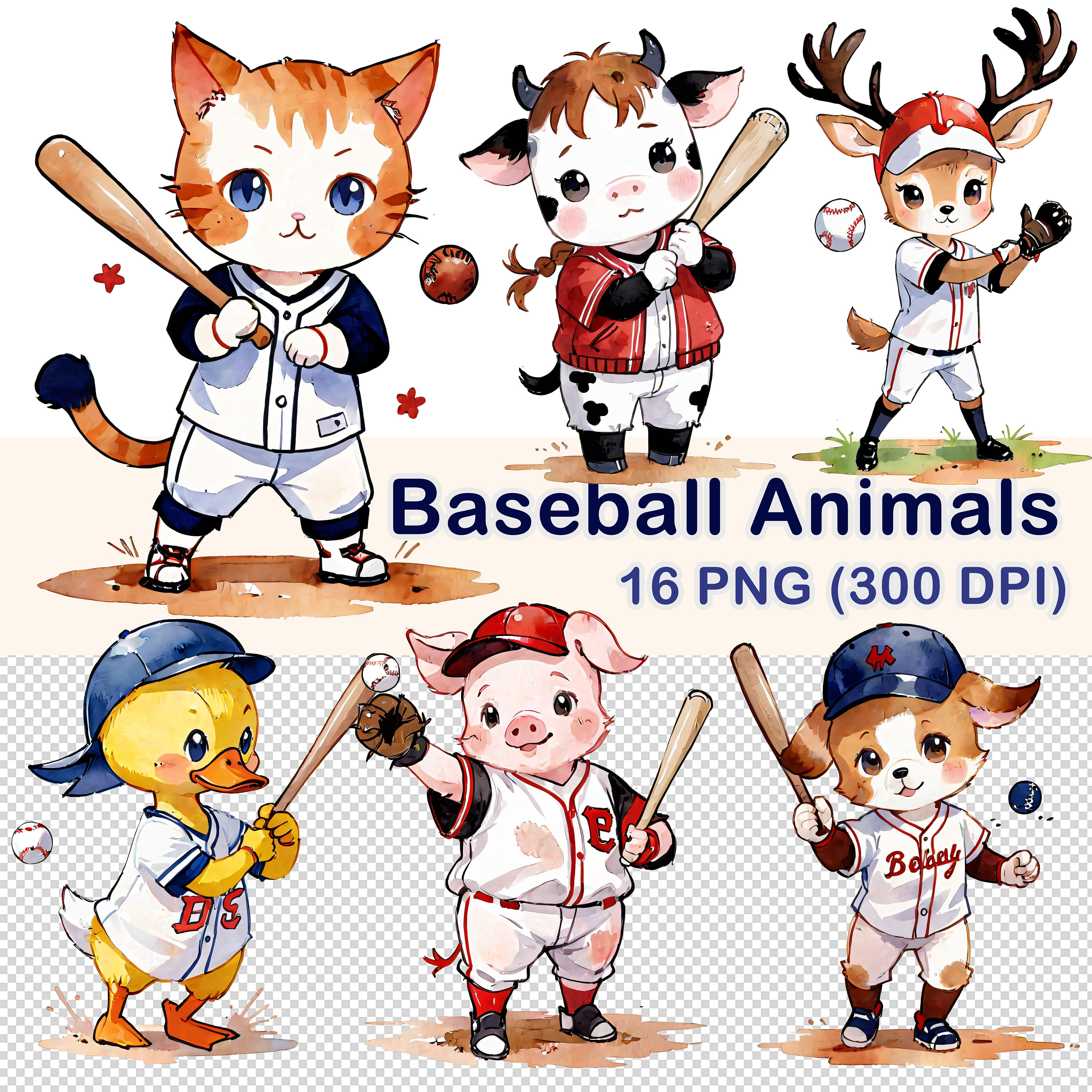 Baseball Animals Clipart, 16 PNG Transparent, 300 DPI, Cute Watercolor ...
