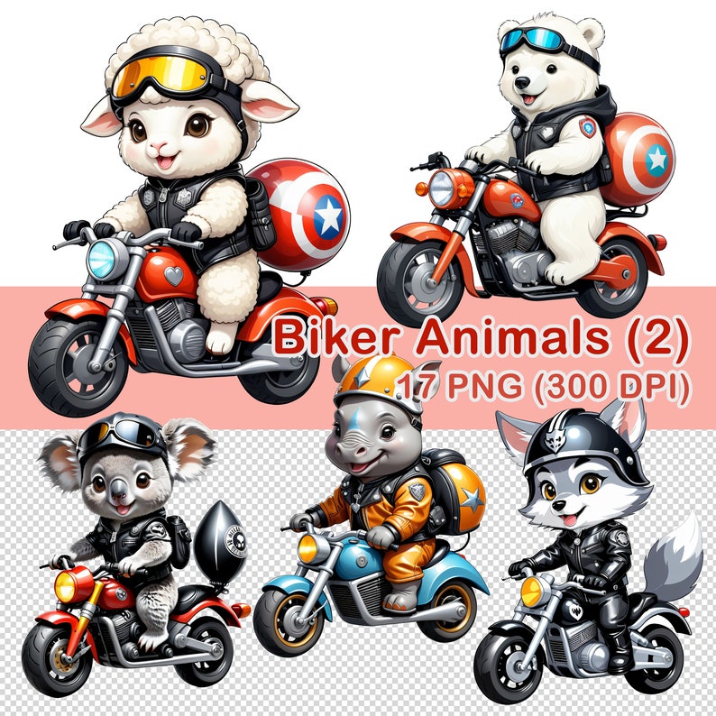 Biker Animals Clipart, 16 PNG Transparent, 300 DPI, Cute Watercolor ...