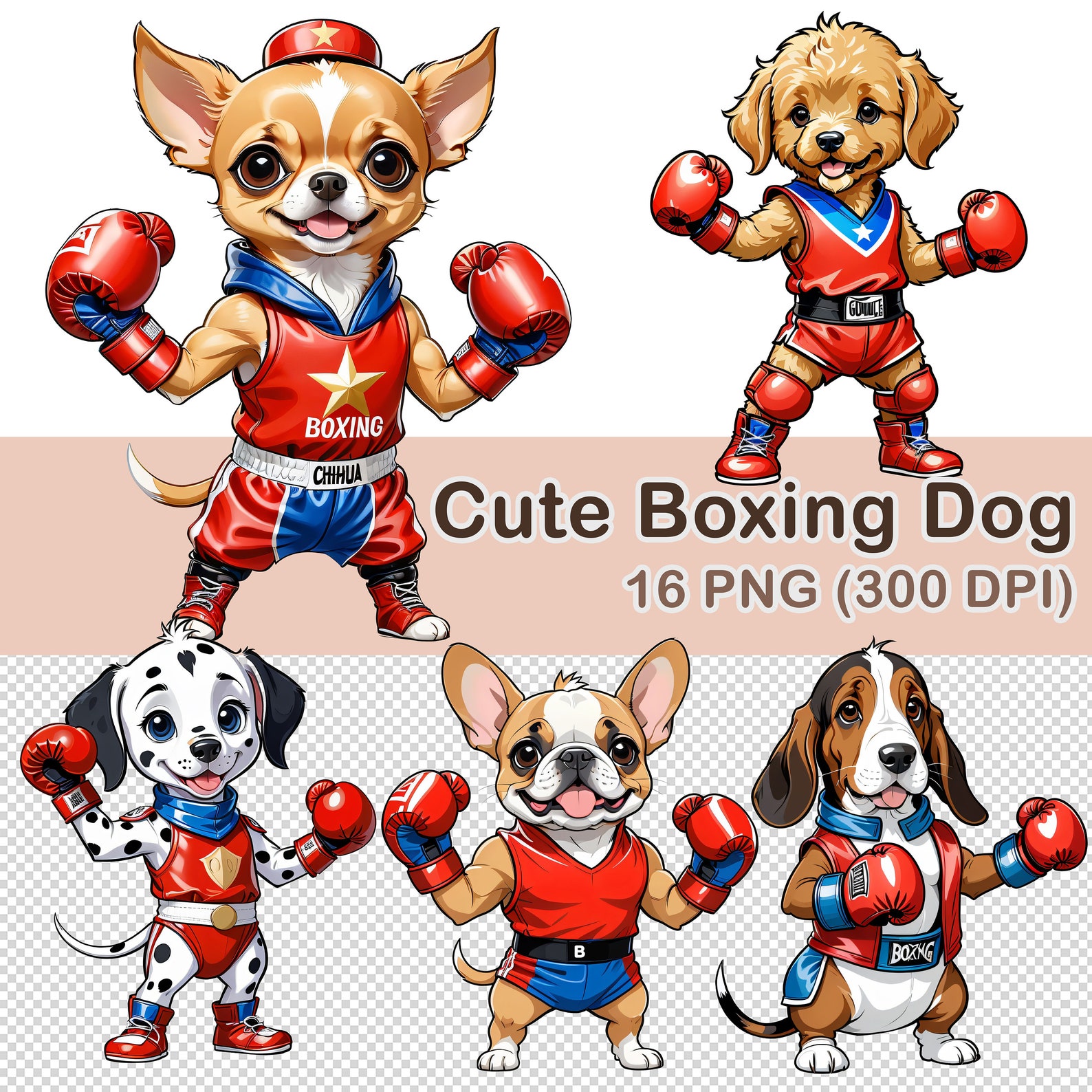 Boxing Dog Clipart, 16 PNG Transparent, 300 DPI, Cute Watercolor Boxing ...