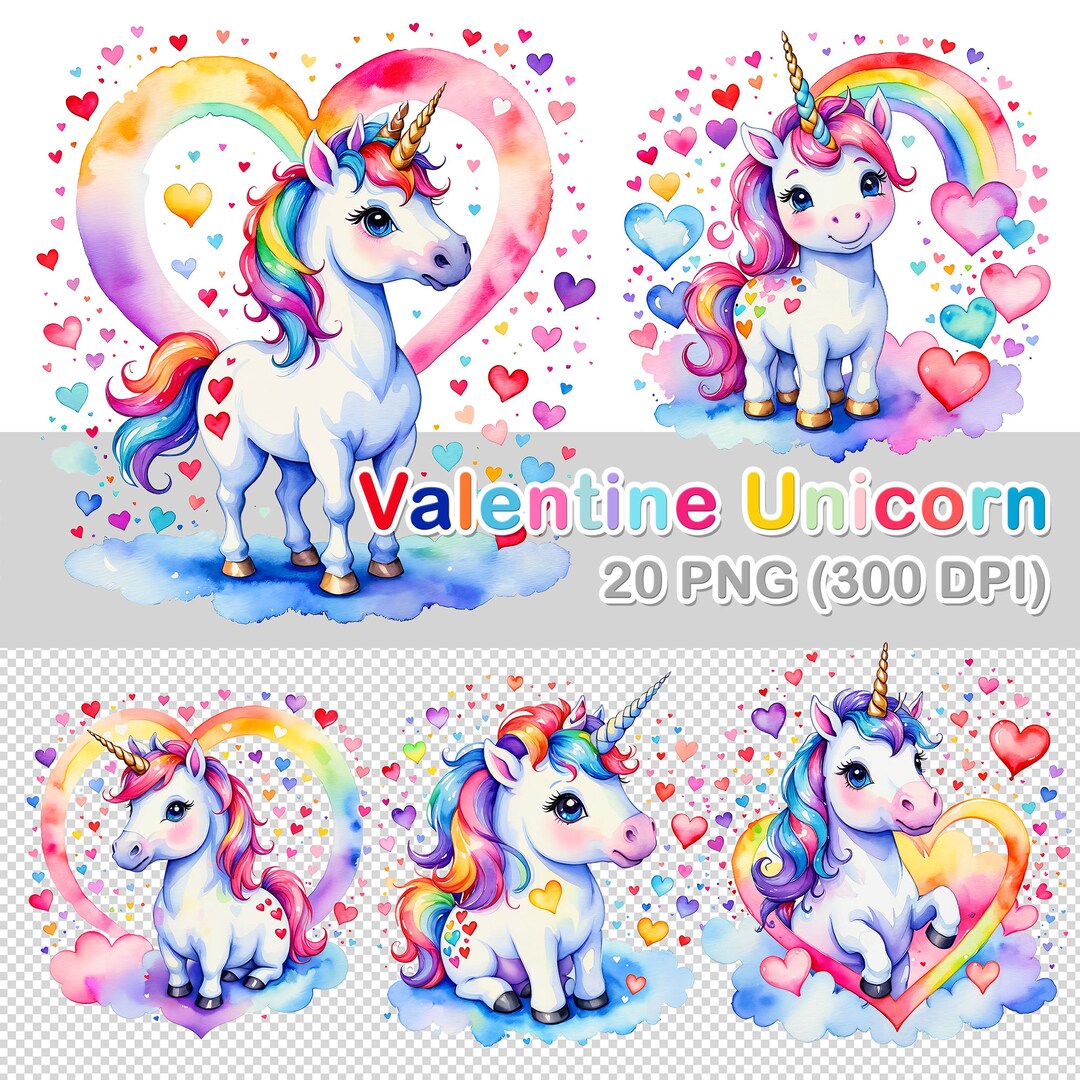 Watercolor Valentine Unicorn Clipart: 20 PNG Images (300 DPI) - Etsy