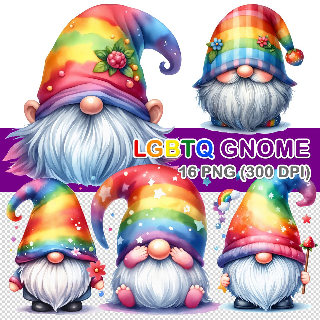 Cute Watercolor LGBTQ Rainbow Gnome Digital Clipart, 16 PNG Transparent ...