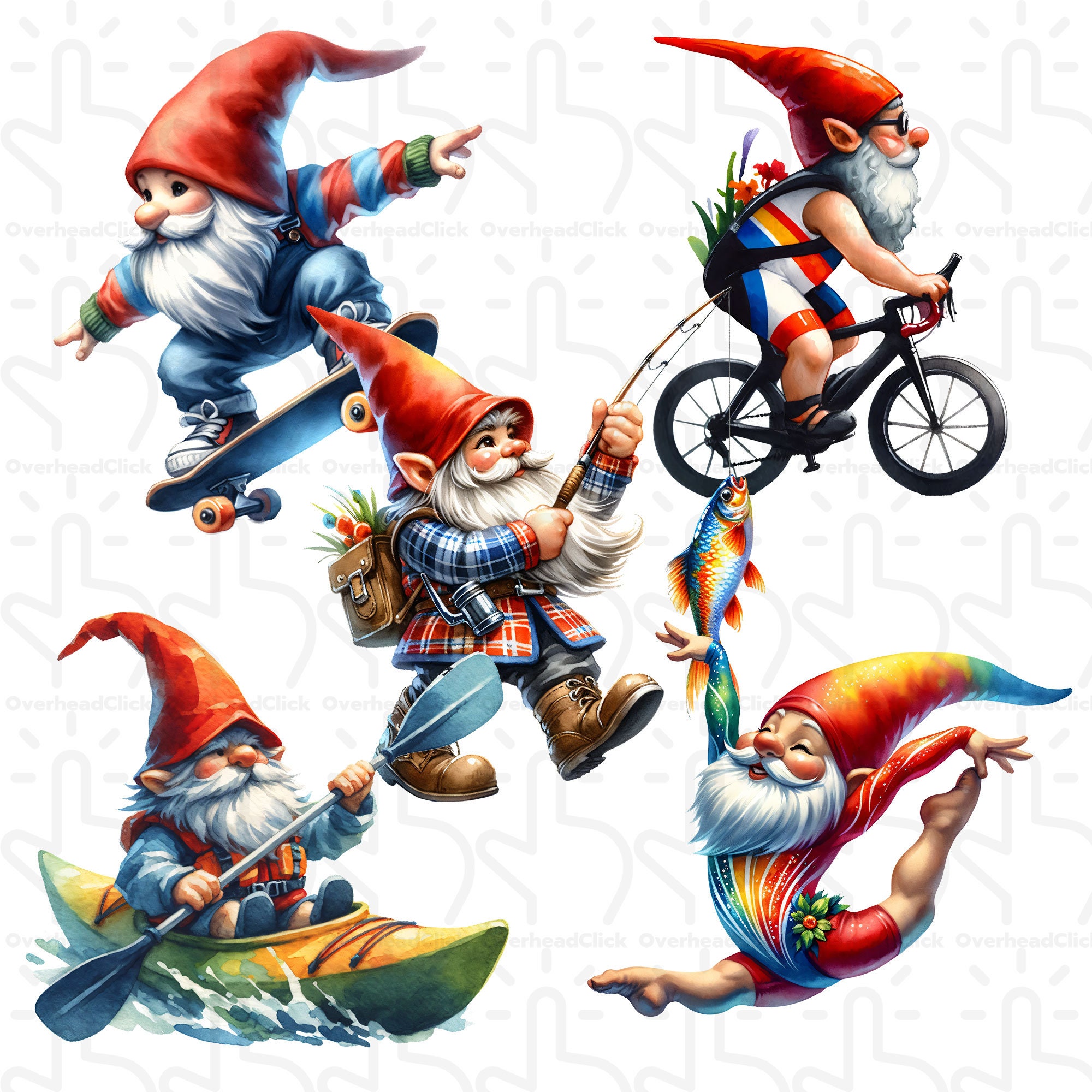 Sports Gnome Clipart, 12 PNG Transparent, 300 DPI, Cute Watercolor ...