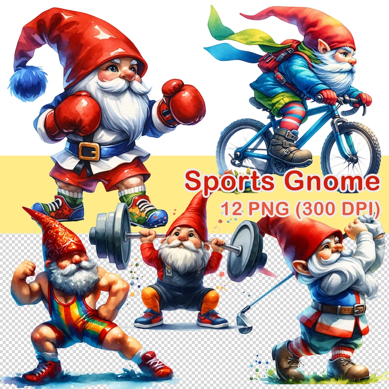 Watercolor Sports Gnome Clipart: 12 PNG Illustrations (digital Download ...