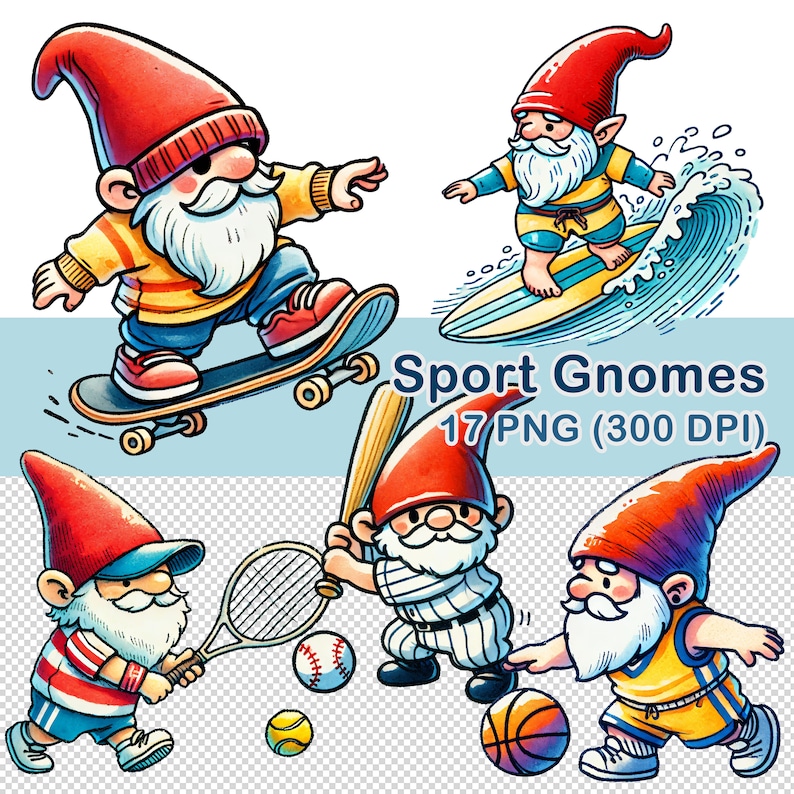 Sport Gnomes Clipart, 17 PNG Transparent, 300 DPI, Cute Watercolor ...
