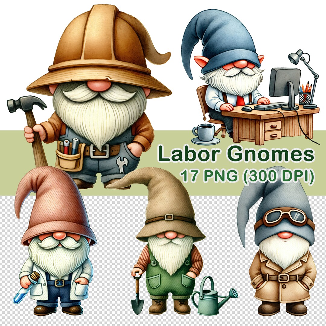 Labor Gnomes Clipart, 17 PNG Transparent, 300 DPI, Cute Watercolor ...