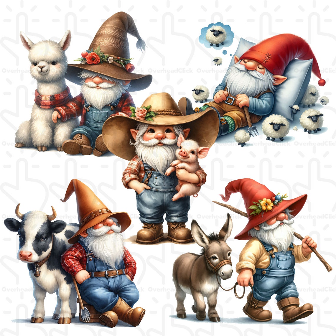 Watercolor Farm Animals Gnome Clipart: 15 PNG Images (digital Download ...