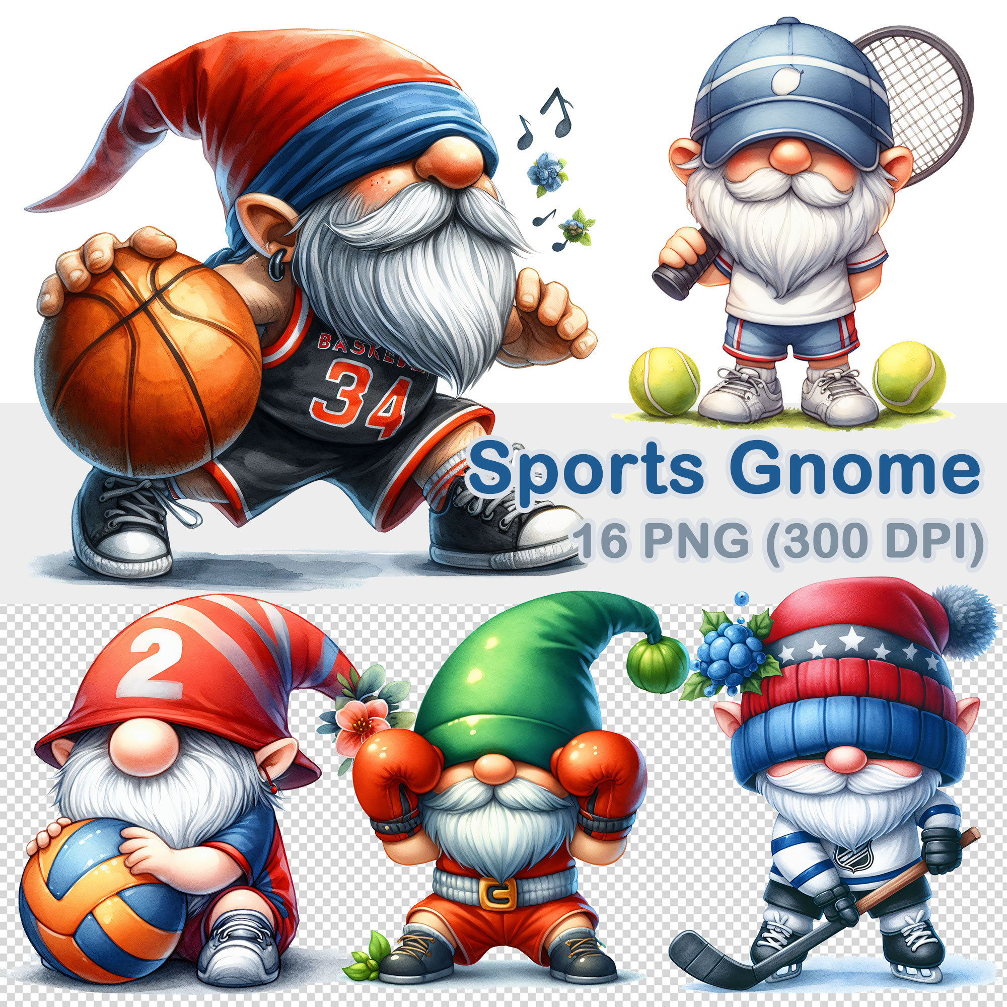 Sports Gnome Clipart, Cute Watercolor, PNG Transparent, 300 DPI - Etsy
