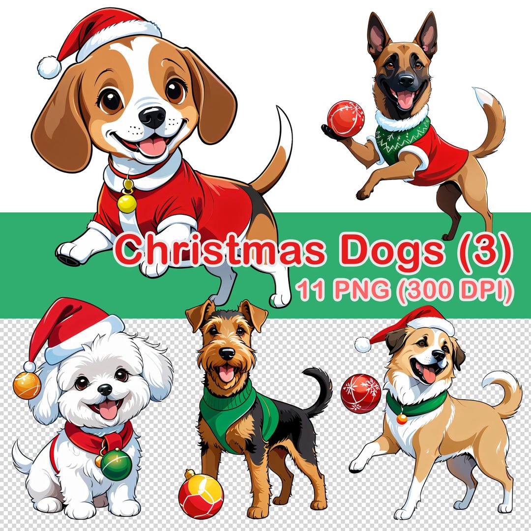 Christmas Dogs Clipart, 11 PNG Transparent, 300 DPI, Cute Watercolor ...