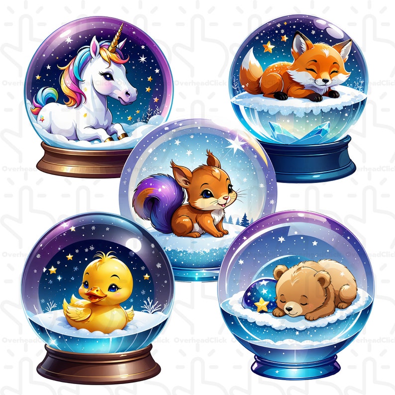 Starry Snow Globe Animals Clipart, 15 PNG Transparent, 300 DPI, Cute ...