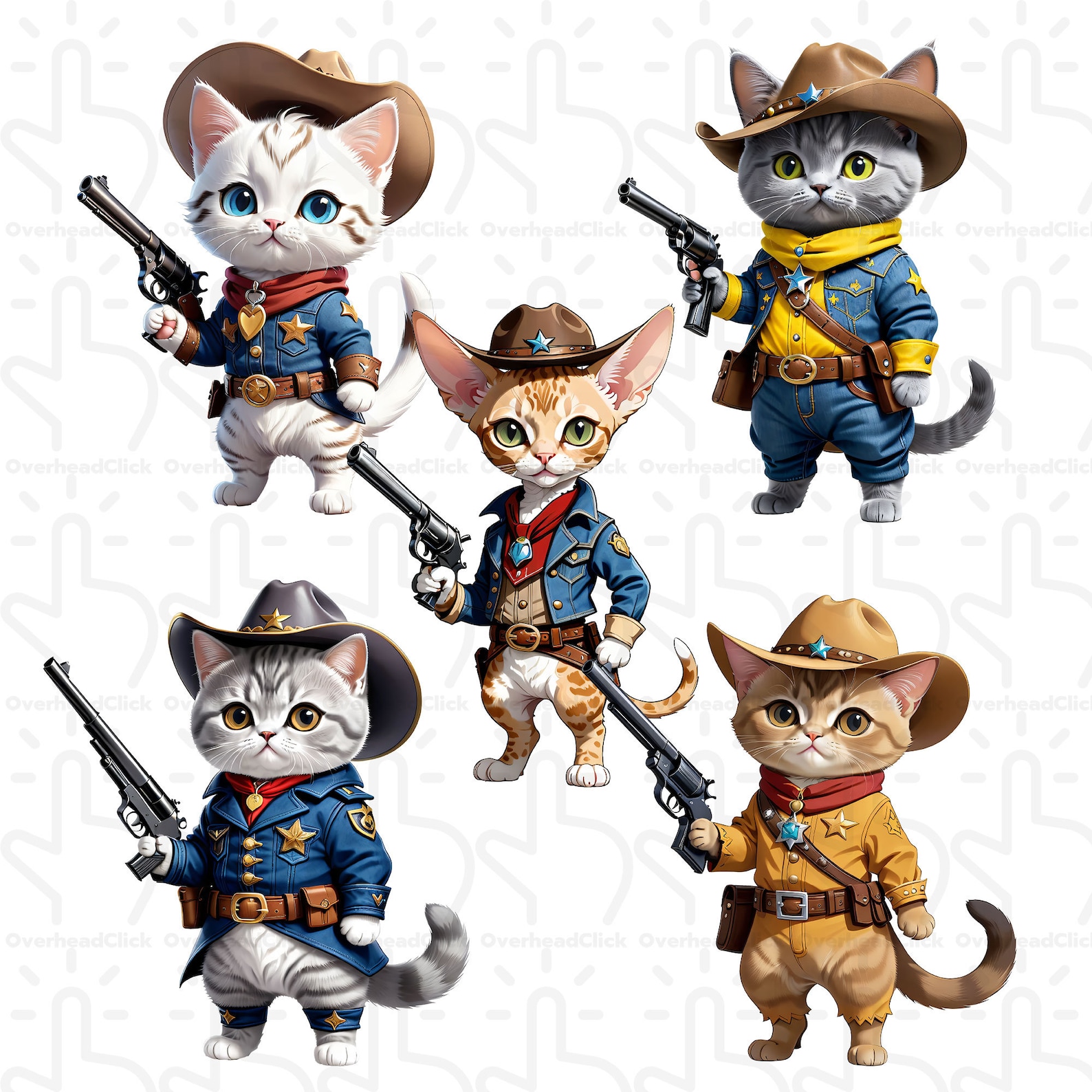 Cowboy Cats Clipart, 16 PNG Transparent, 300 DPI, Cute Watercolor ...