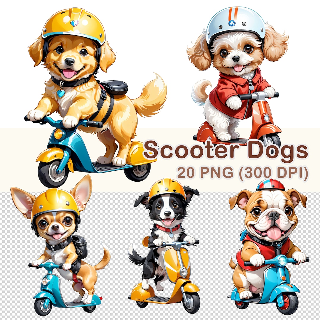 Cute Scooter Dogs Clipart, 21 PNG Transparent, 300 DPI, Cute Watercolor ...